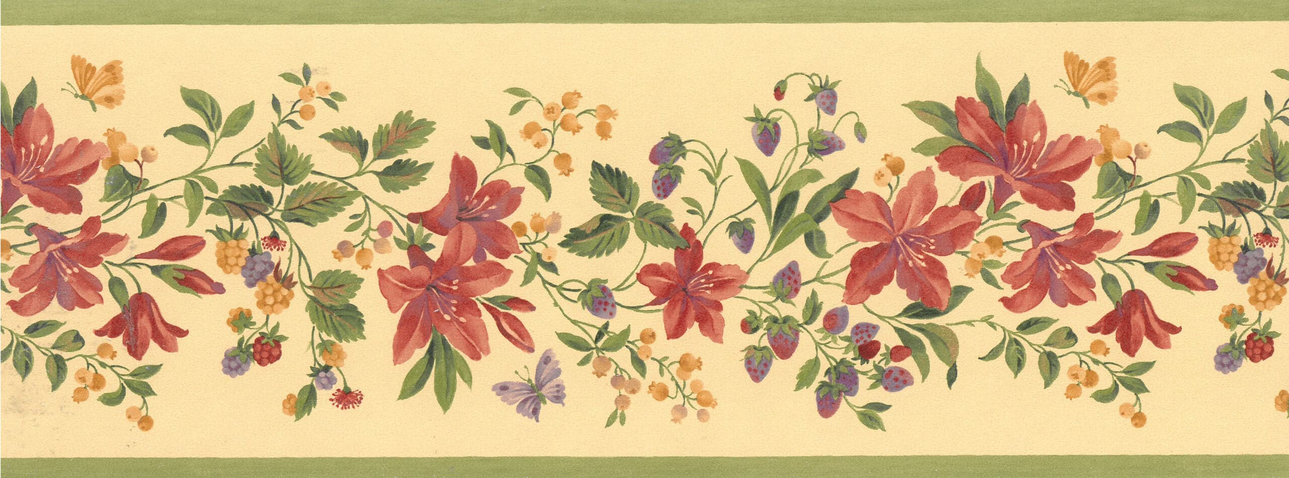 Prepasted Wallpaper Border - Floral Mustard Yellow, Green, Violet Berr