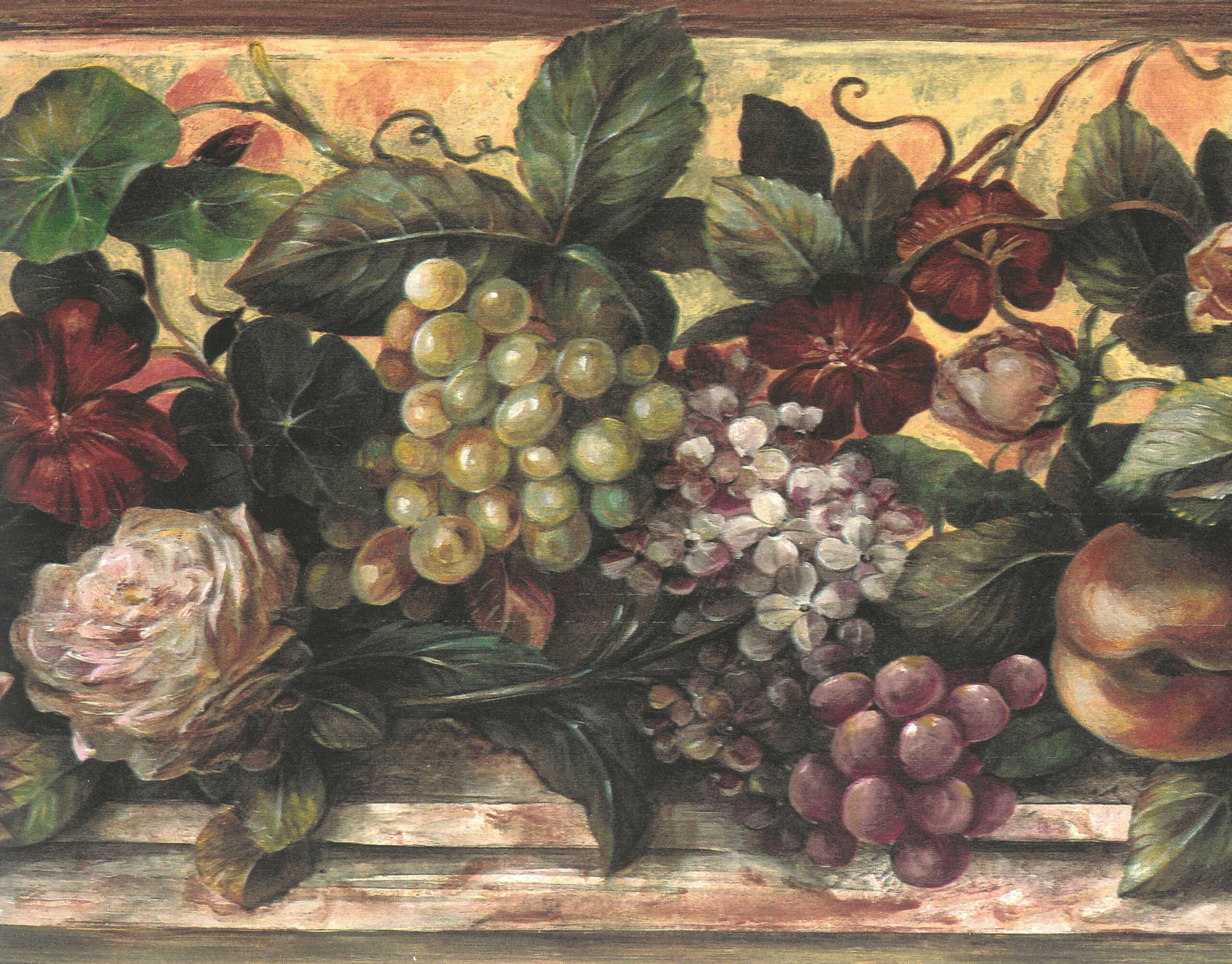 Prepasted Wallpaper Border - Floral Brown, Green, Maroon, Yellow, Purp
