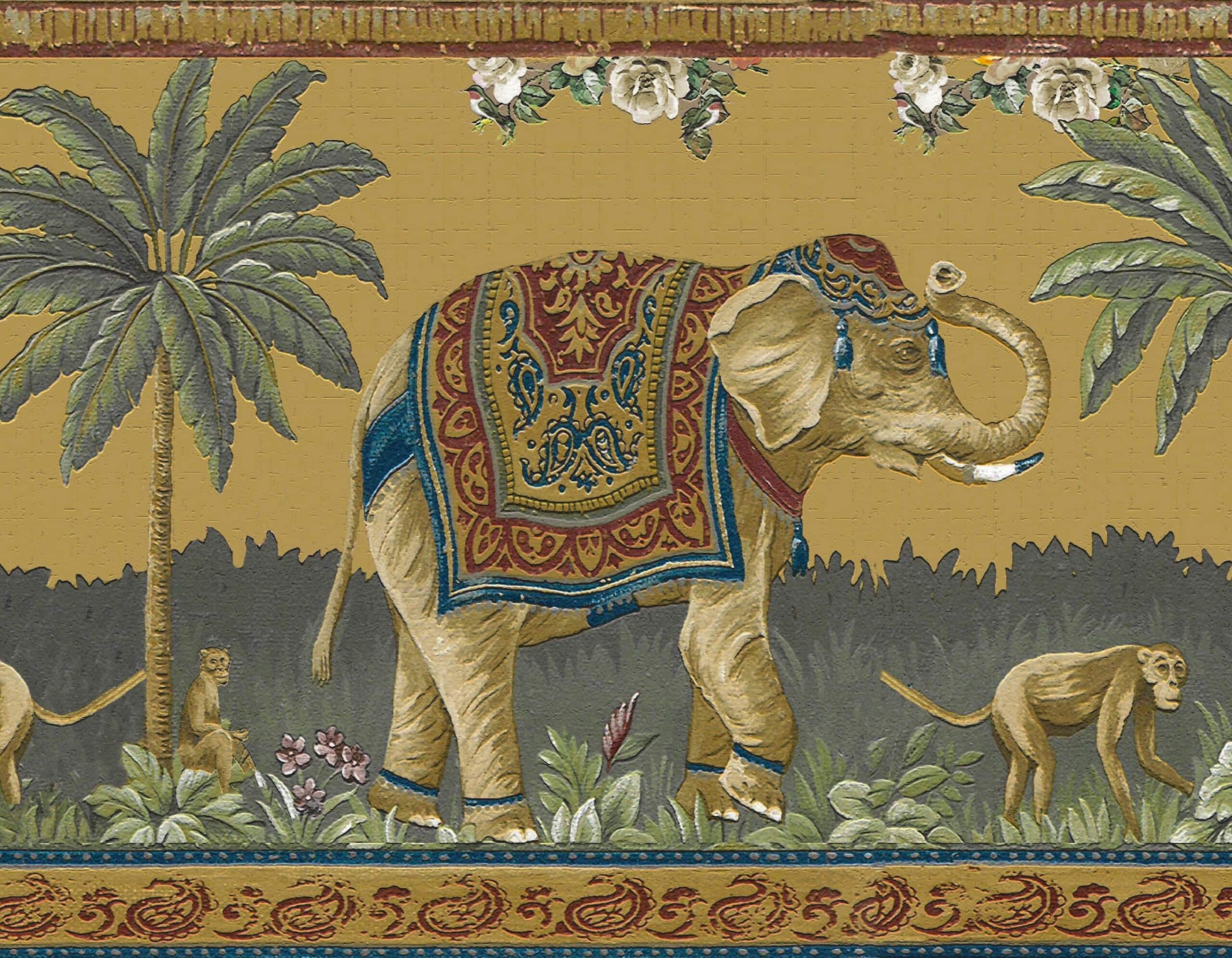 Peel and Stick Wallpaper Border - Nature Red, Blue, Mustard, Beige Ele