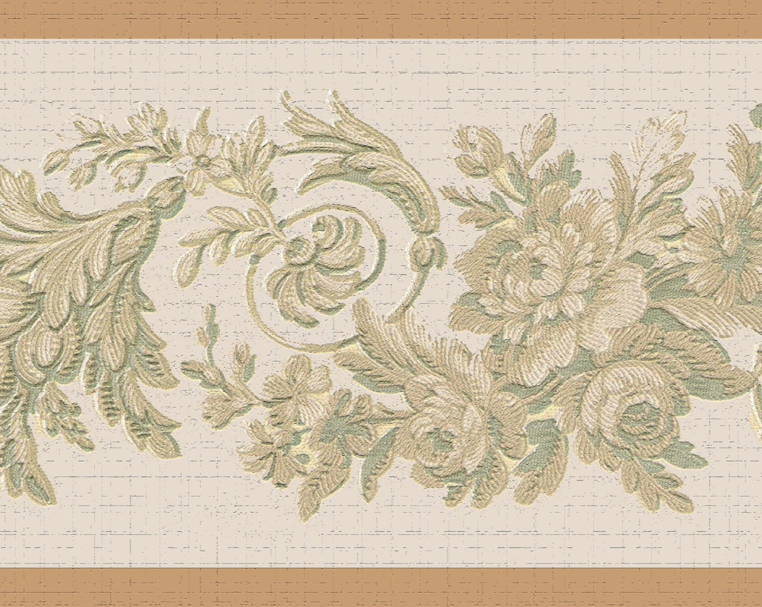 Peel and Stick Wallpaper Border - Floral Green, Beige Flowers on Vine