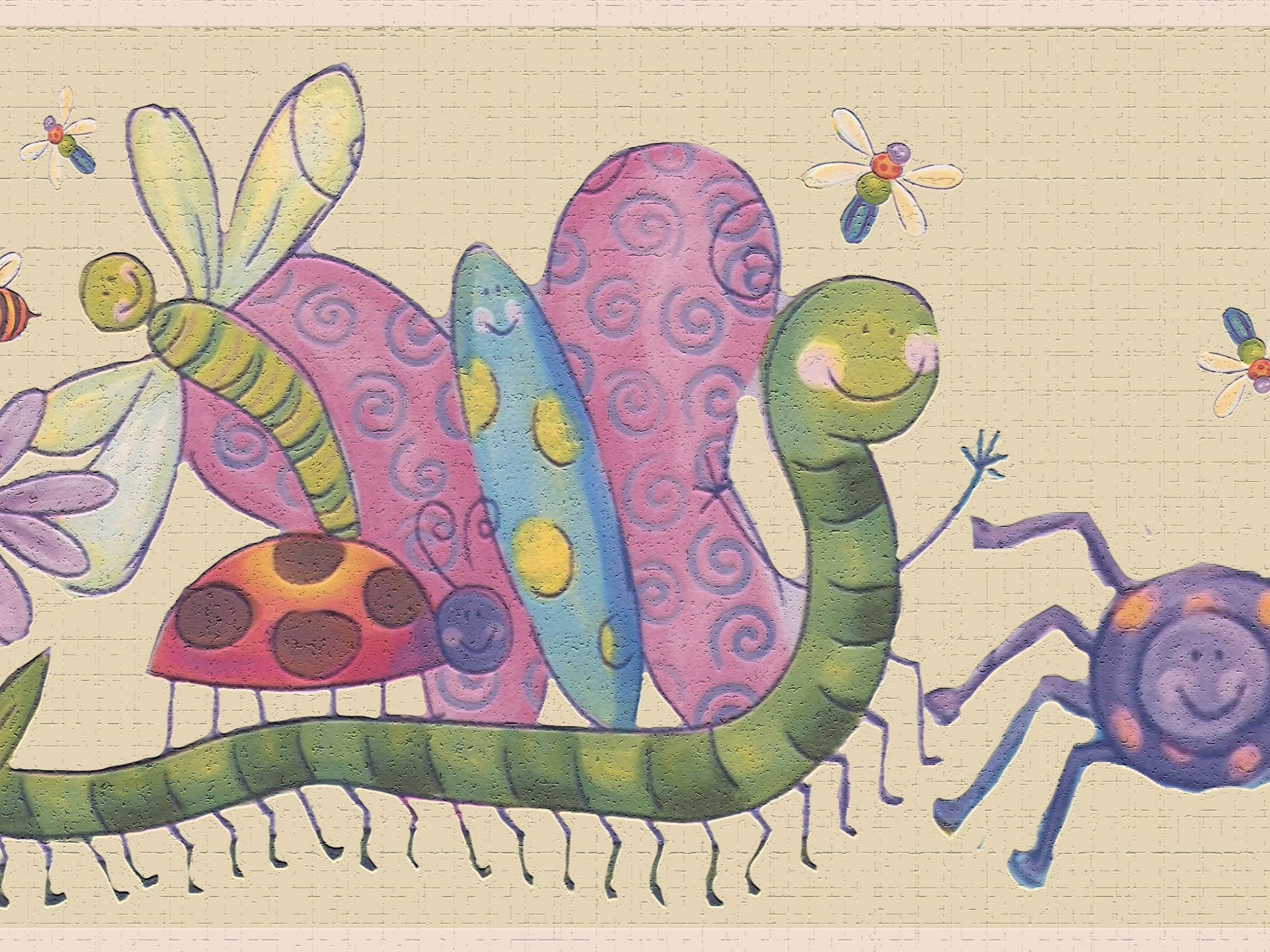 Peel and Stick Wallpaper Border - Kids Green Purple Pink Bees and Bugs
