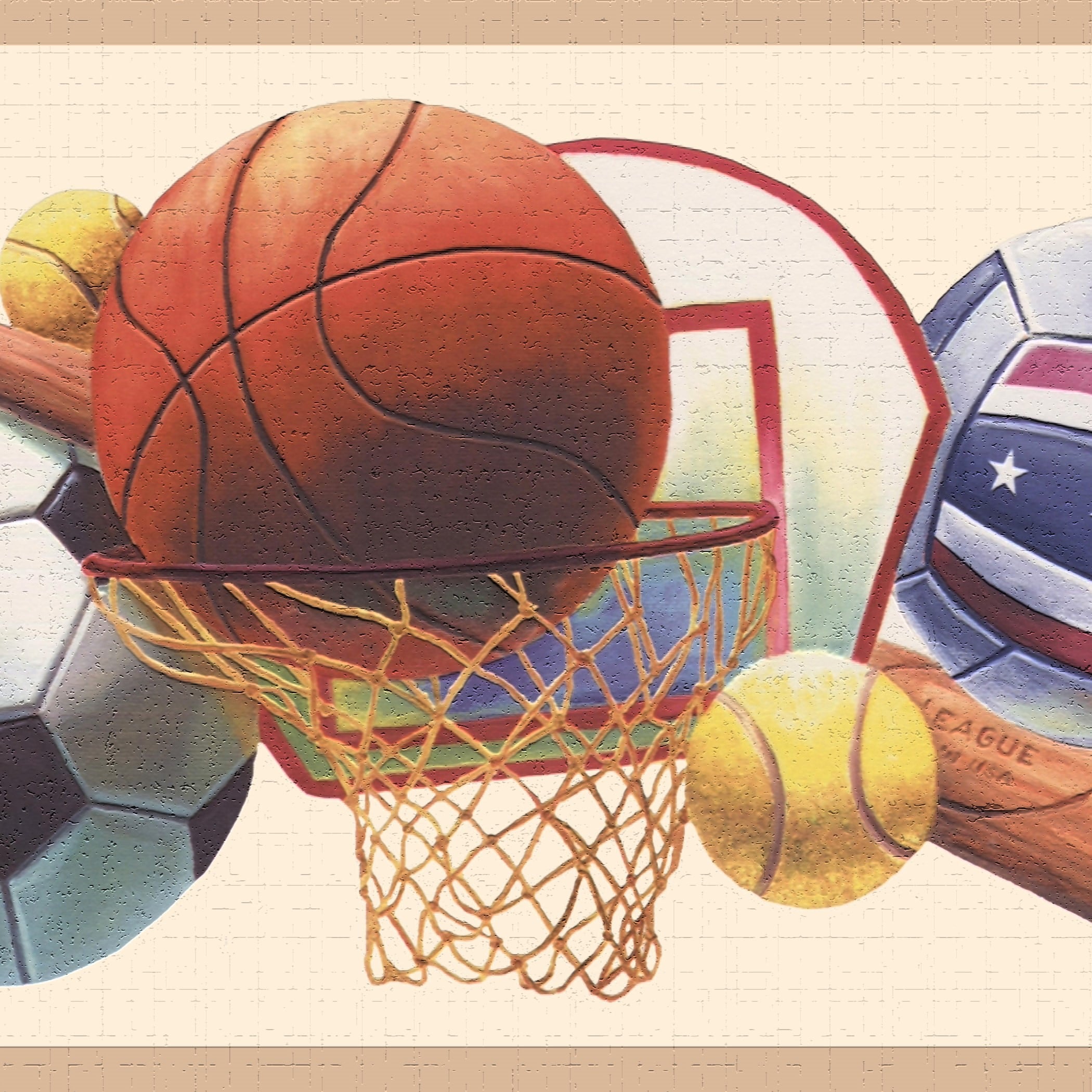 Peel and Stick Wallpaper Border - Sport Brown Orange White Sports Ball