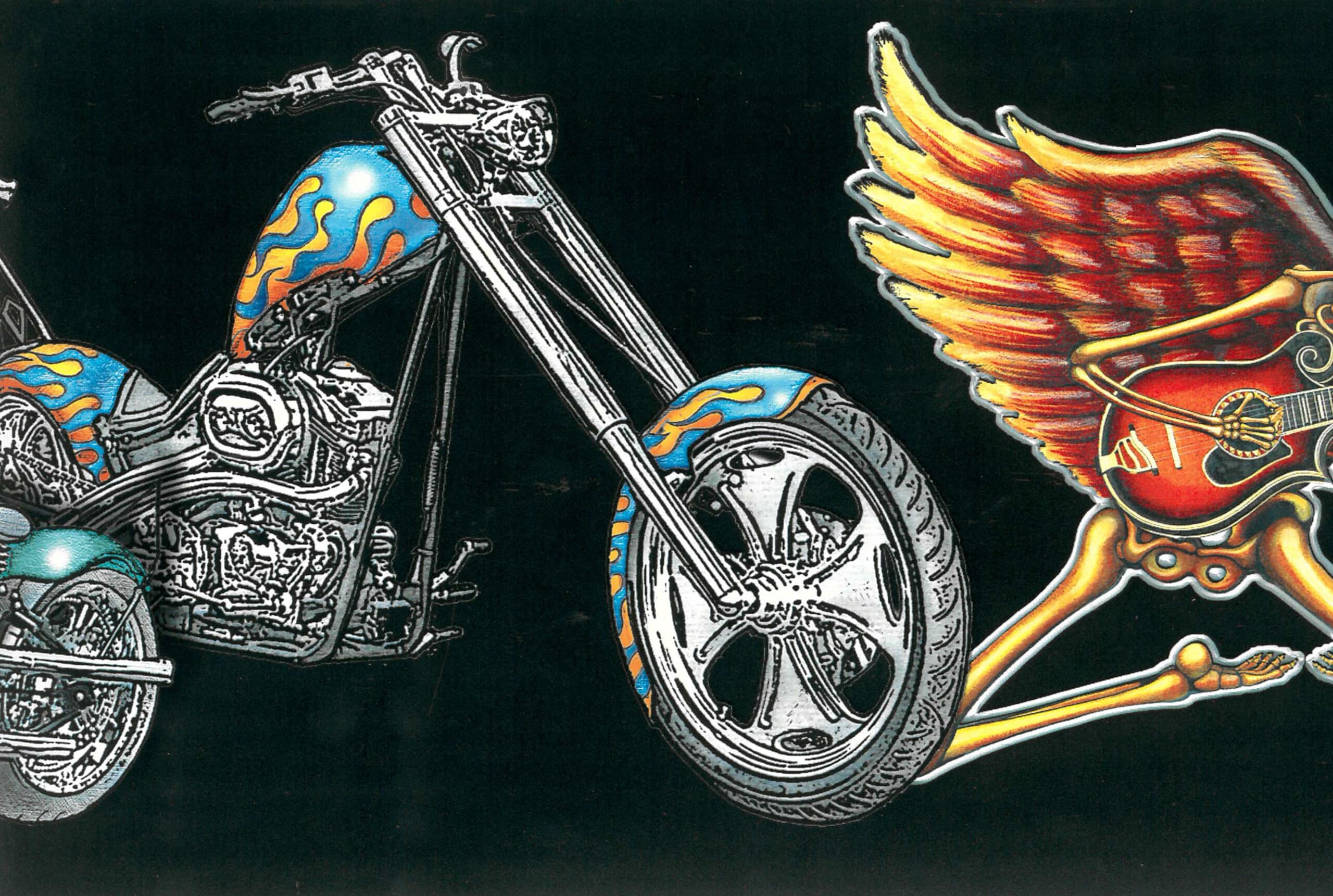 Prepasted Wallpaper Border - Kids Black, Blue, Red Motorcycles, Choppe