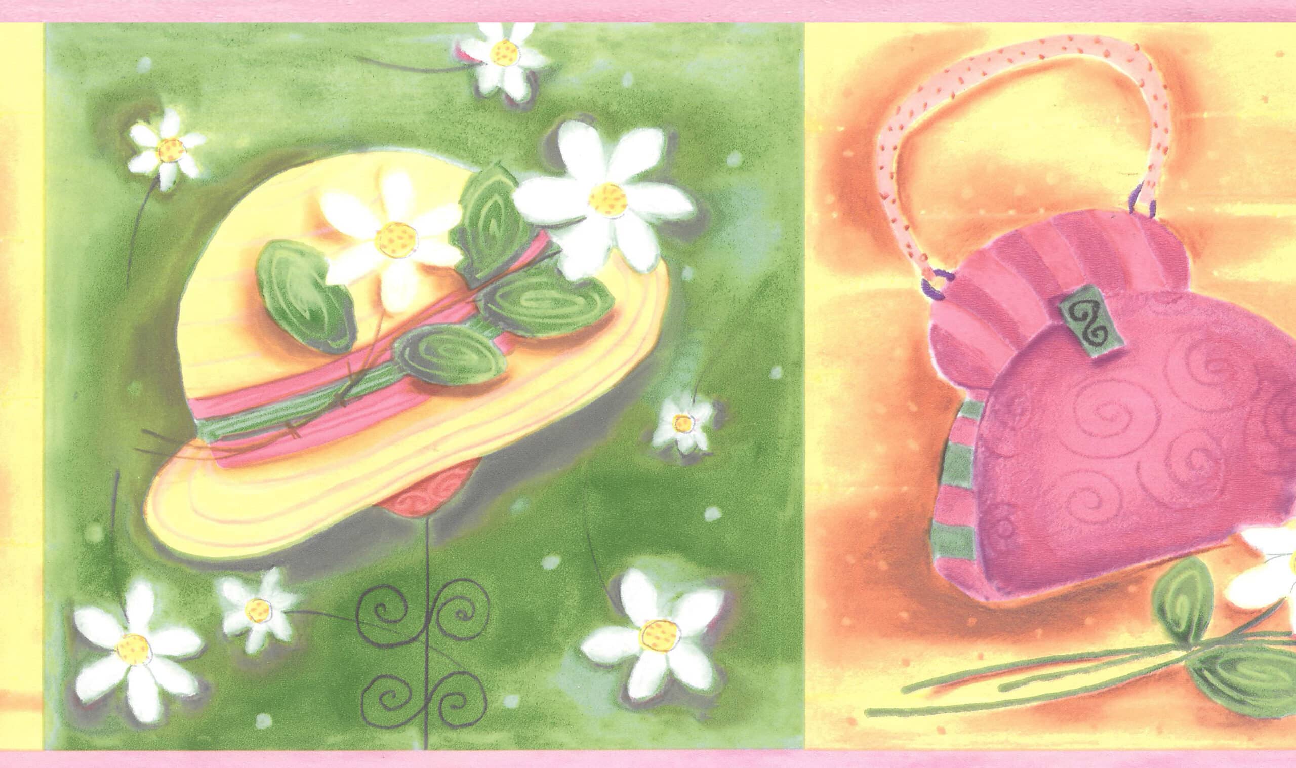 Prepasted Wallpaper Border - Fashion Green, Pink, Yellow Hats, Purses
