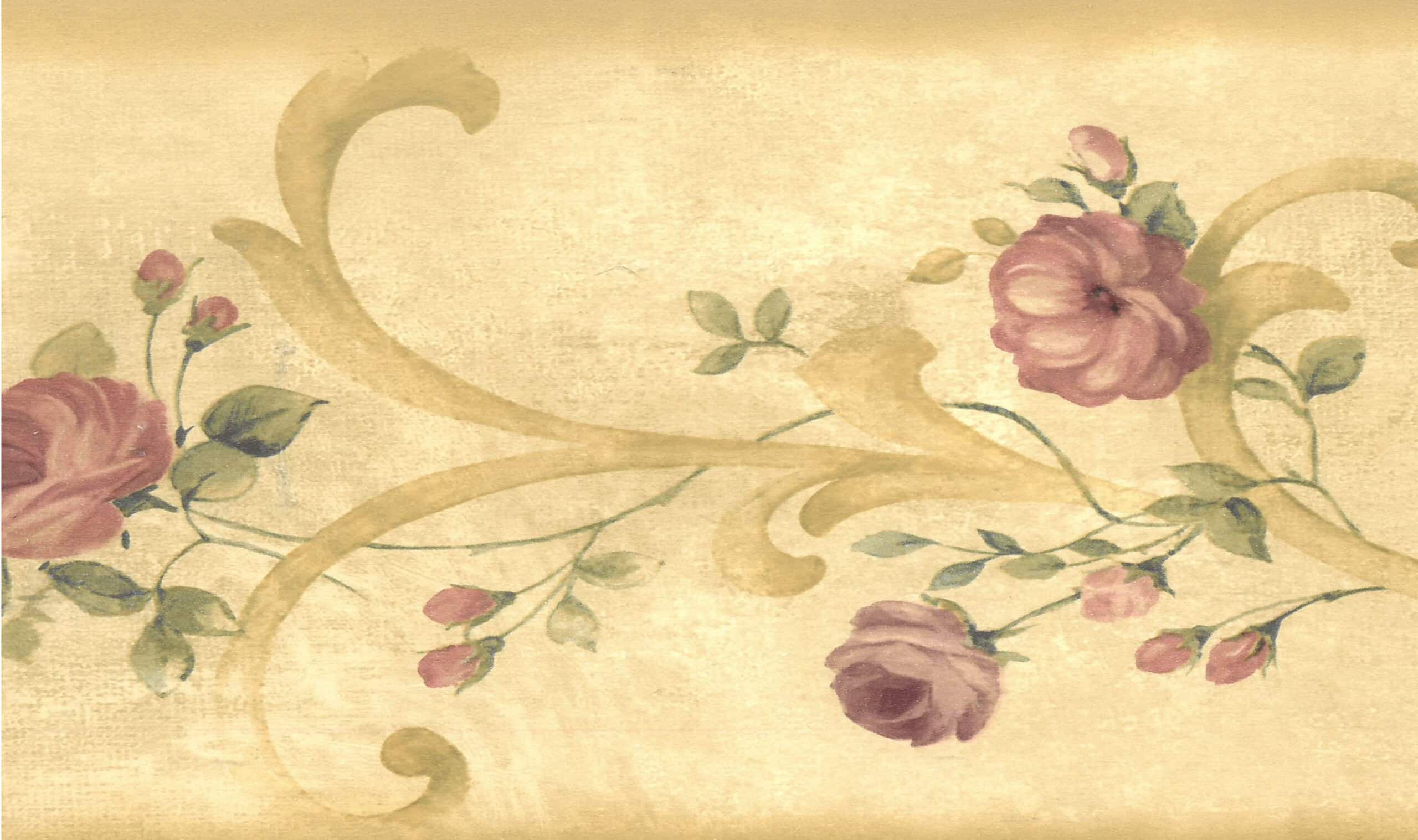 Prepasted Wallpaper Border - Floral Beige, Brown, Mauve Bloomed Roses