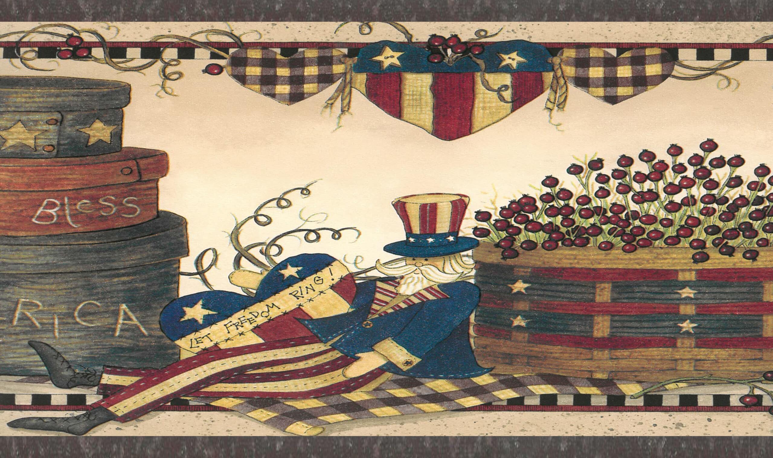 Prepasted Wallpaper Border - Patriotic Beige, Blue, Red American Flag,